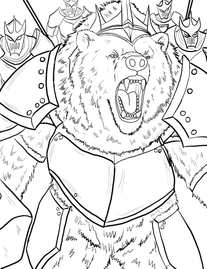 Berserker Bear Coloring Page – Armored Warrior, Fantasy Battle (digital ...