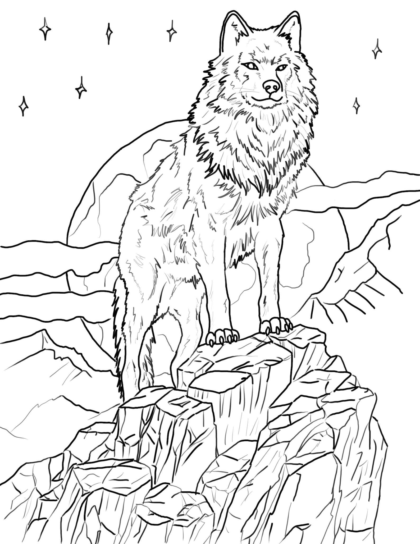 Wolf Coloring Page – Majestic Wolf on Mountain Adult Coloring Sheet ...