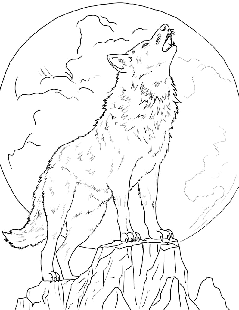 Wolf Howling at Moon Coloring Page – Nature Printable (PDF/JPG Download ...