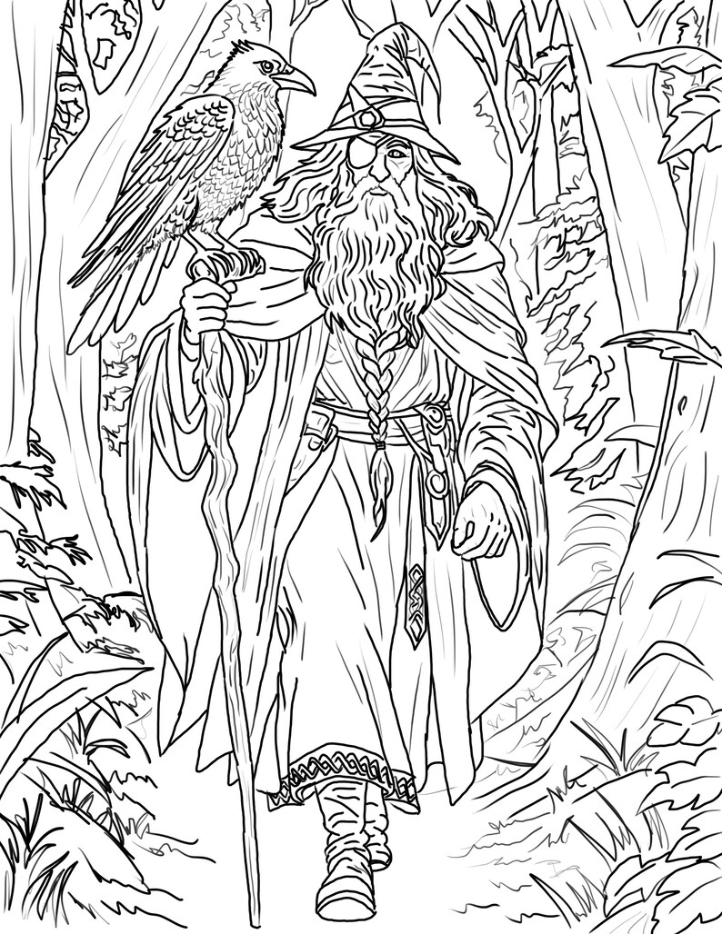 Odin Coloring Page, Norse Mythology Adult Coloring, Wizard With Raven ...