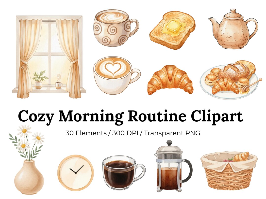 Cozy Morning Routine Clipart, Watercolor Breakfast Elements for ...