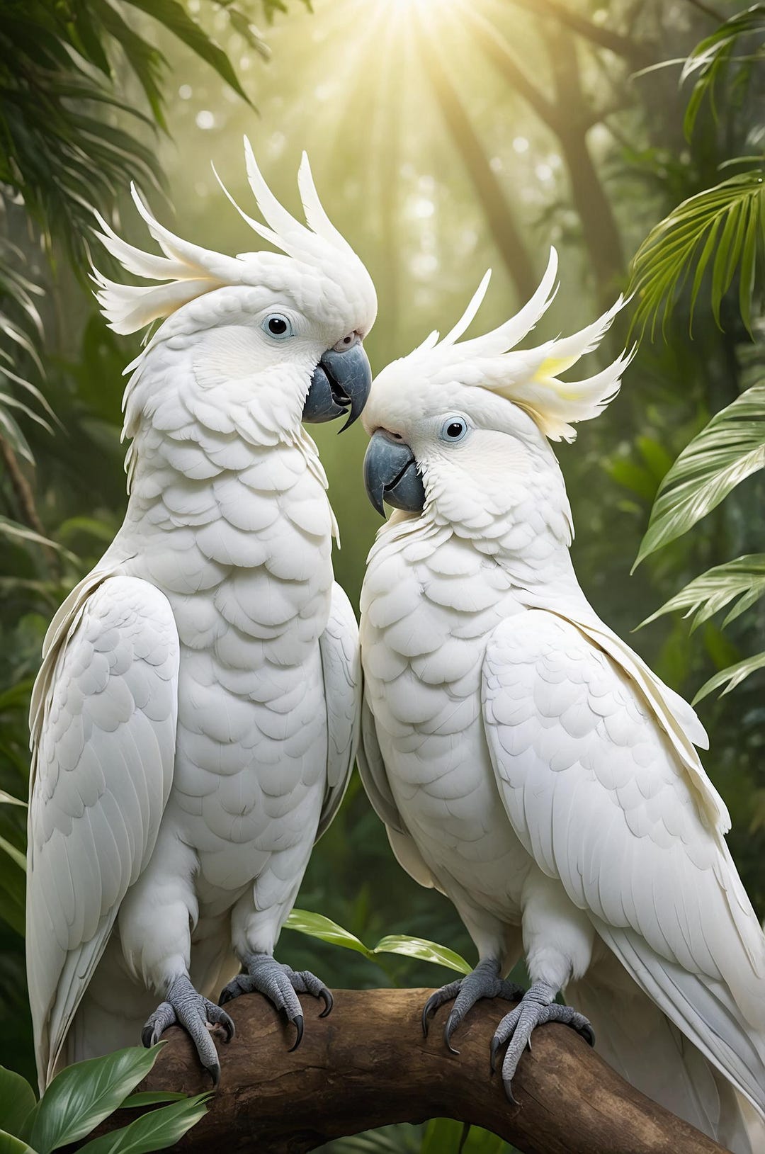 White Cockatoo Pair in Lush Jungle Light Evoking Calm Love Harmony and ...