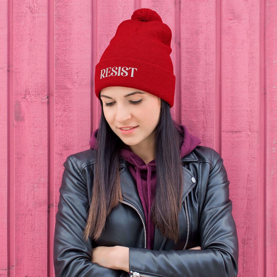 ACLU Benefit | "resist" Red Resistance Knit Pom Beanie Embroidered Hat ...