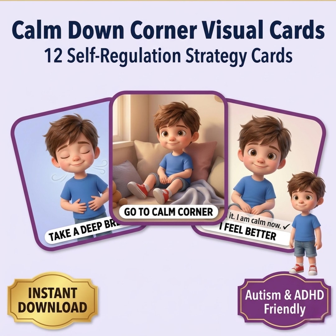 Calm Down Corner Cards Boys | Printable Visual Regulation Cards AUTISM ...