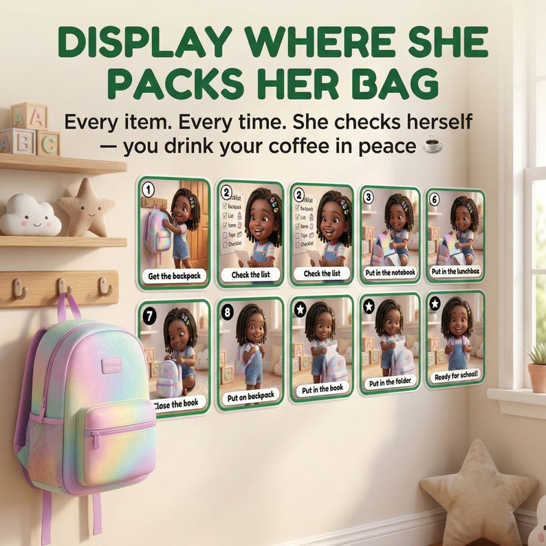 Pack Backpack Visual Steps Girls Autism School Routine Printable Cards ...
