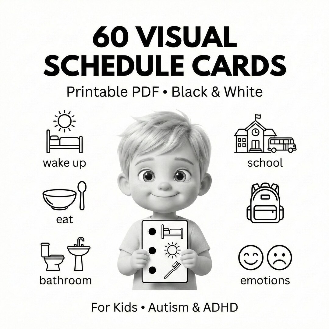 Black and White Visual Schedule Cards for Kids – Printable PDF for ...