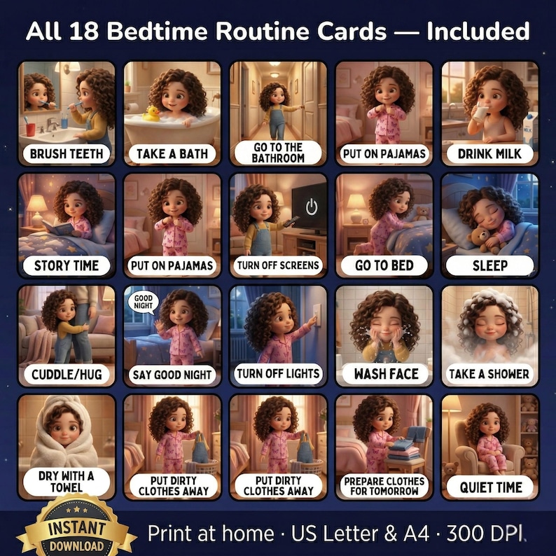 Bedtime Routine Cards for Girls | Autism ADHD Visual Sequence ...