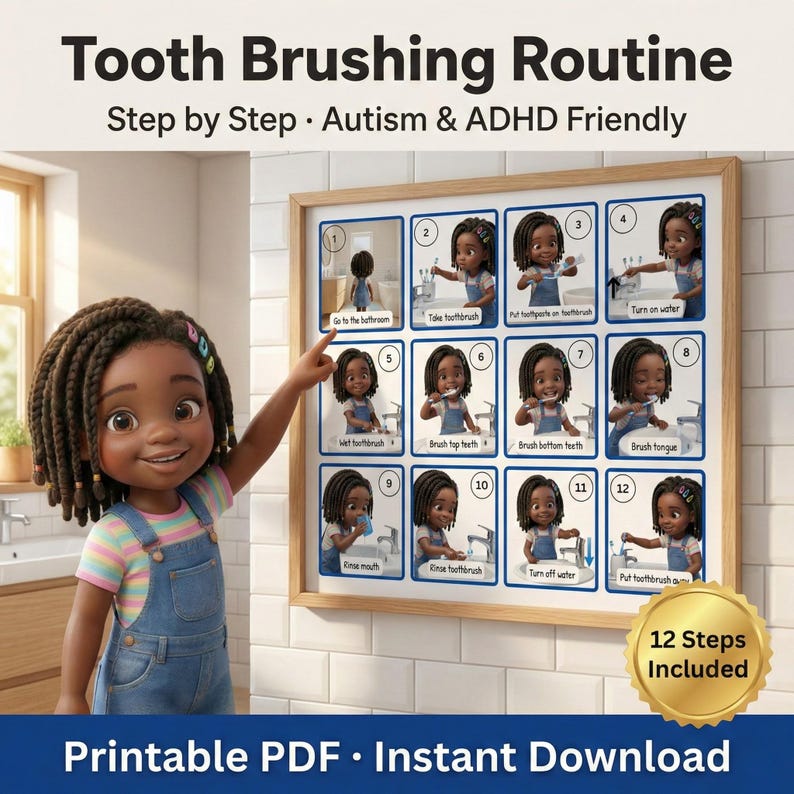 Tooth Brushing Visual Routine for Girls | Step by Step Hygiene Cards ...