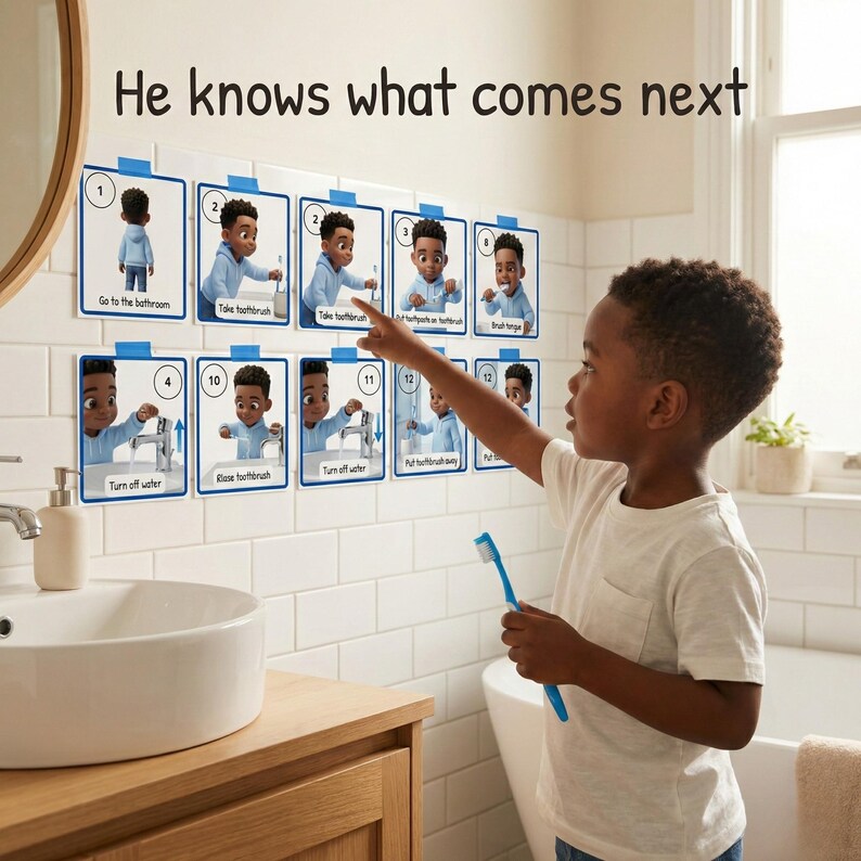 Tooth Brushing Visual Routine for Boys | Step by Step Hygiene Cards ...