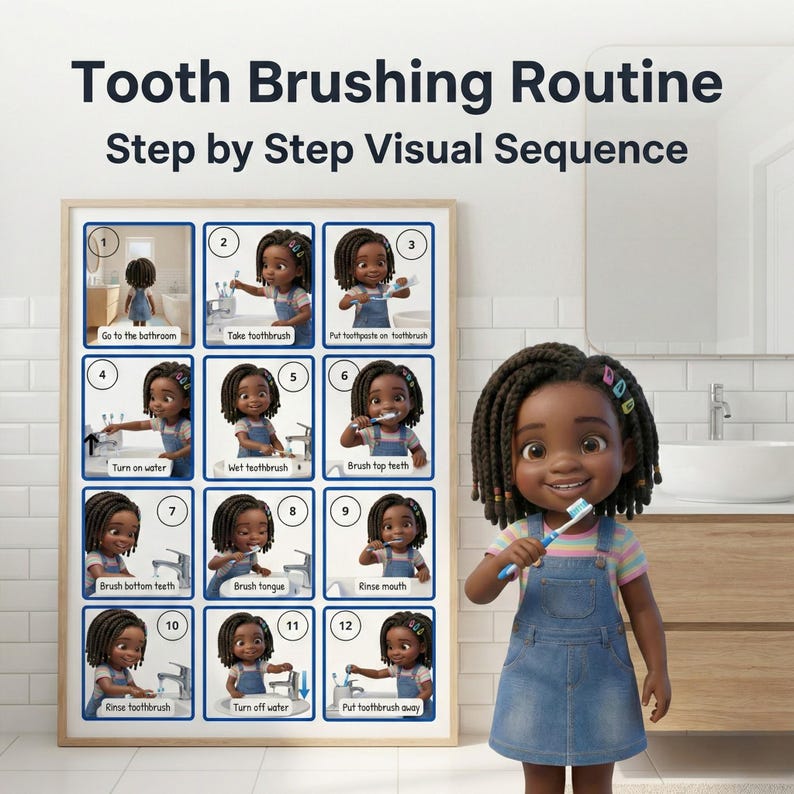 Tooth Brushing Visual Routine for Girls | Step by Step Hygiene Cards ...