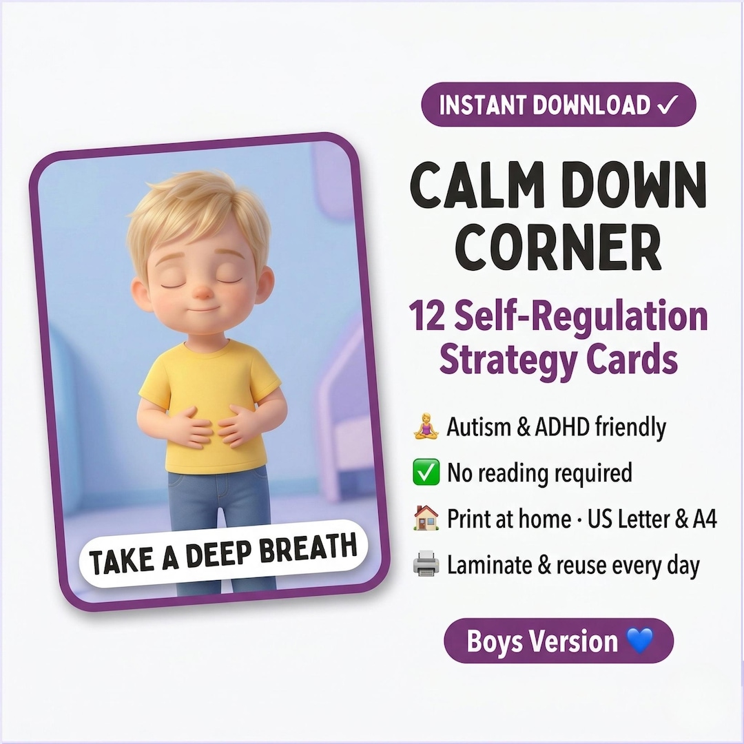 Calm Down Corner Cards Blonde Boy | Printable Visual Regulation Cards ...