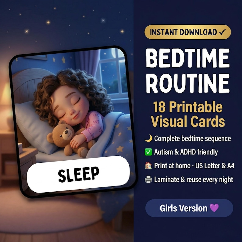 Bedtime Routine Cards for Girls | Autism ADHD Visual Sequence ...