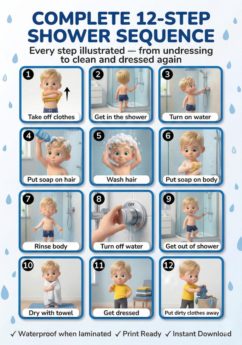 Take a Shower Visual Steps Boys Autism Printable Hygiene Routine ...
