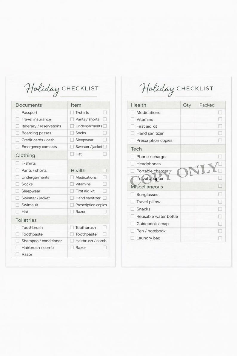 Travel Checklist Printable | Holiday Packing List PDF | Minimal Sage ...