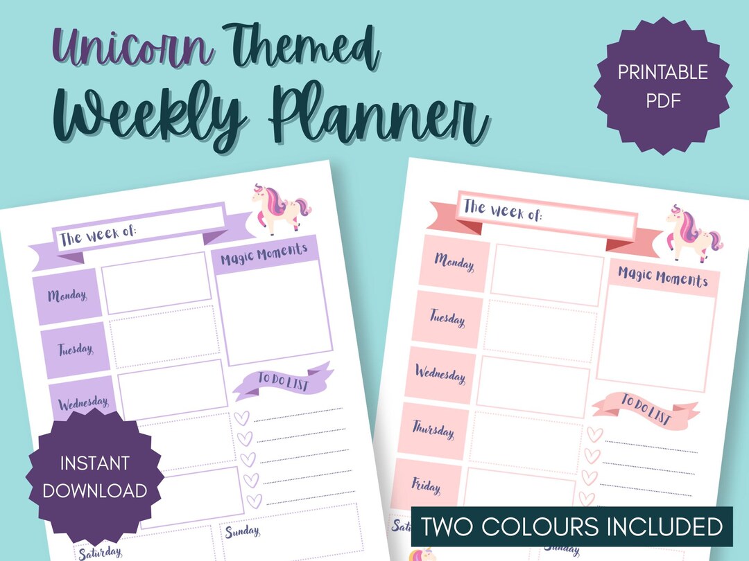 Unicorn Weekly Planner for Kids and Teens | Undated Printable Planner ...