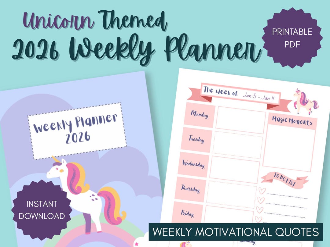 Unicorn Weekly Planner 2026 for Kids and Teens | Printable Agenda With ...