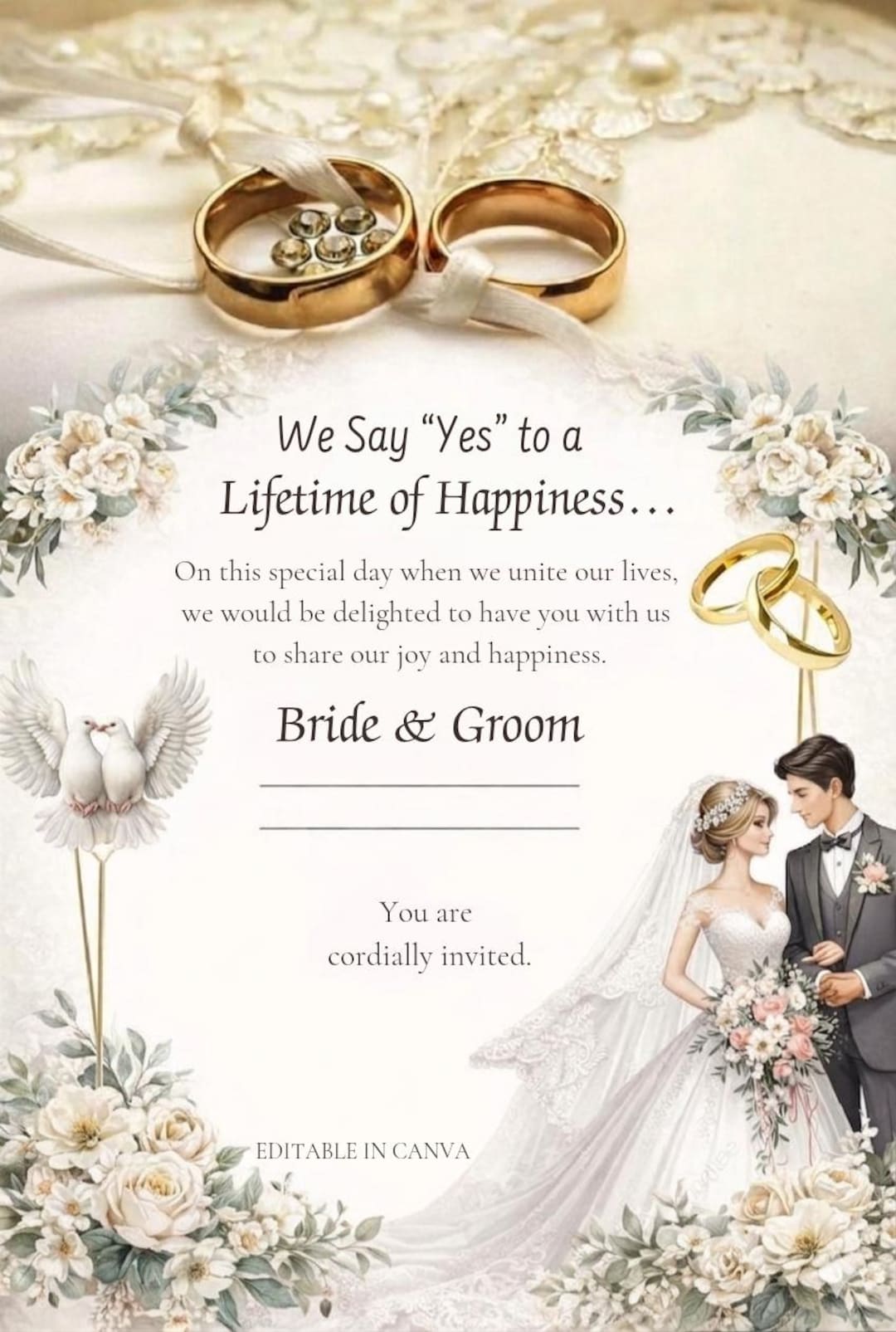 Elegant Floral Gold Wedding Invitation Template, Canva Editable Bride ...