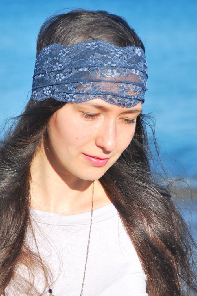 Music Festival Headband, Blue Lace Headband, Festival Stretchy Lacy ...