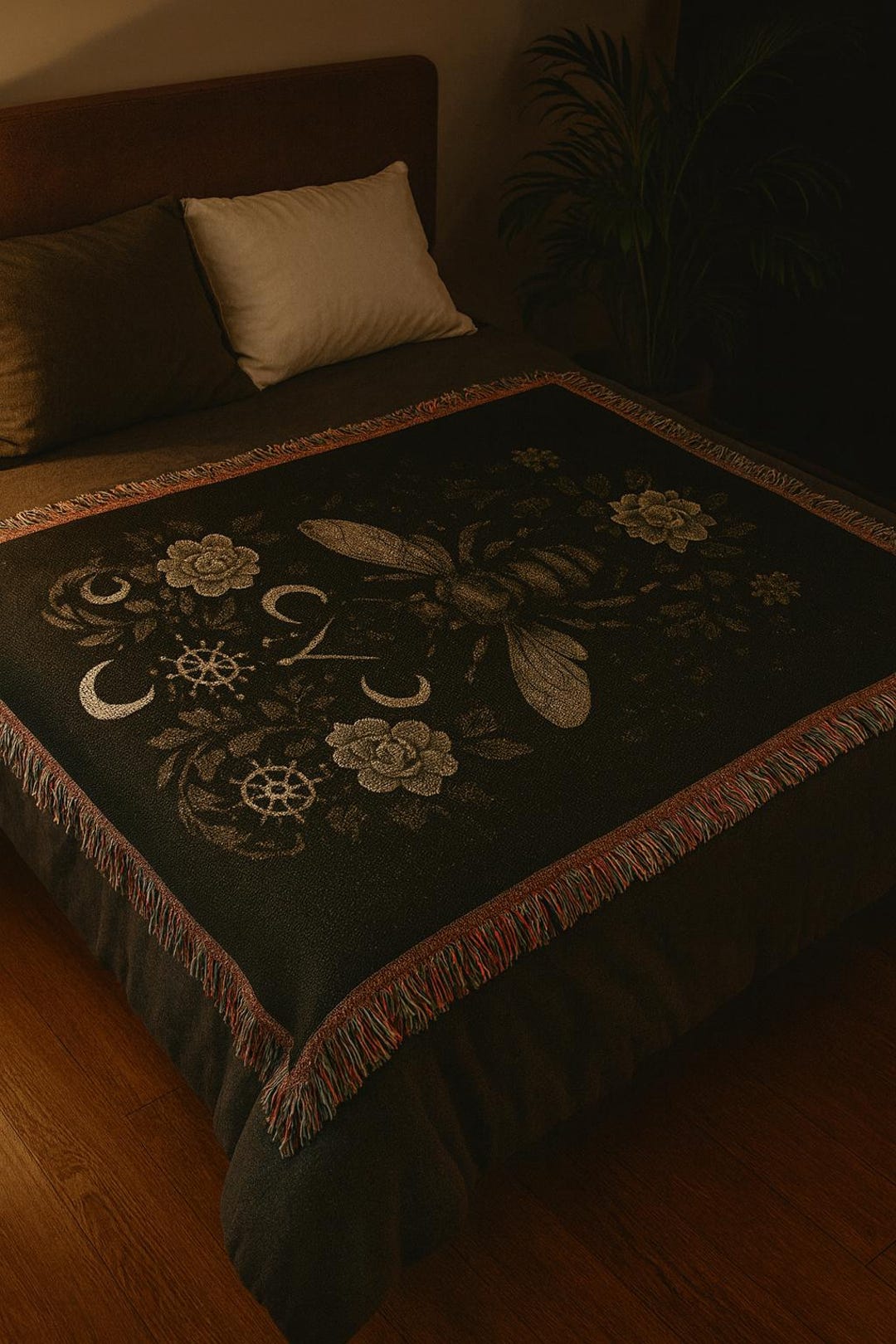 Dark Bumblebee Floral Ornaments Woven Blanket | Dark Botanical Throw - Etsy