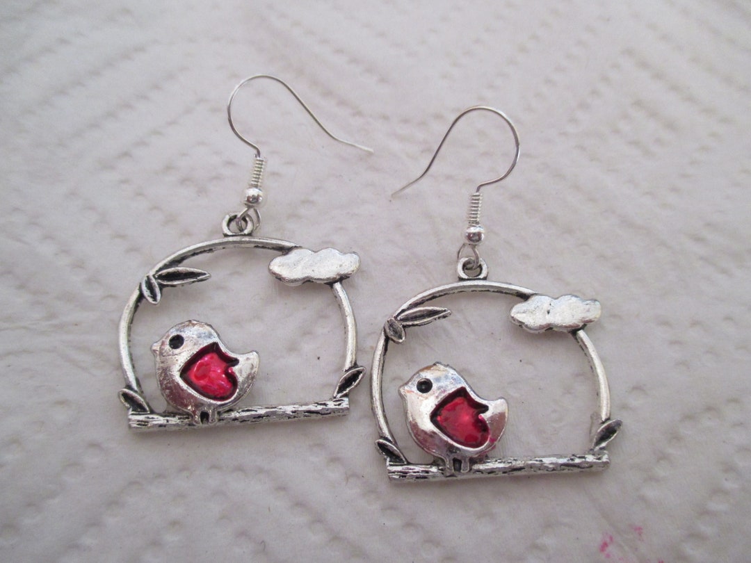 Bird With Red Wing on Limb Silver Earrings - Etsy