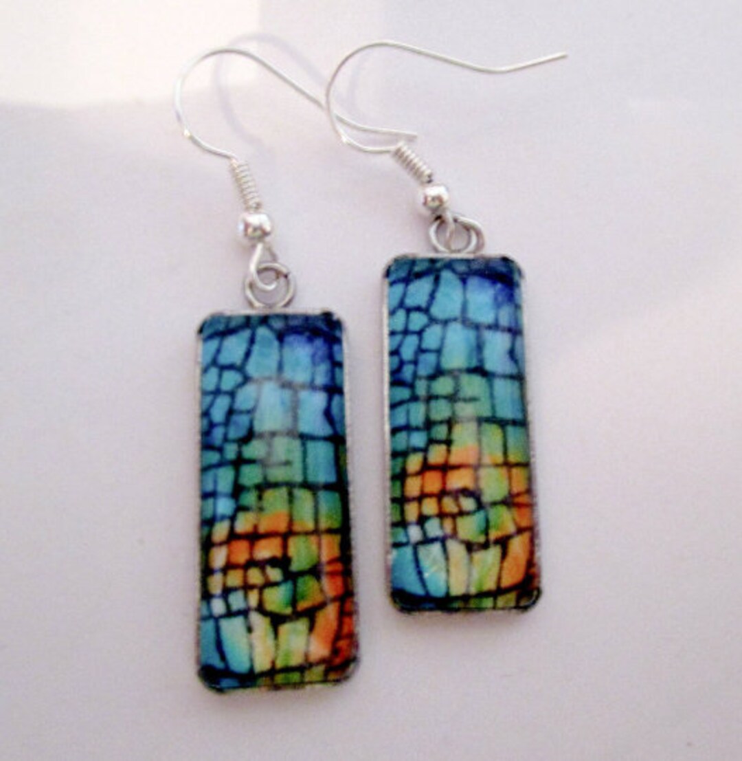 Stained Glass Pattern Glass Rectangle Earrings - Etsy