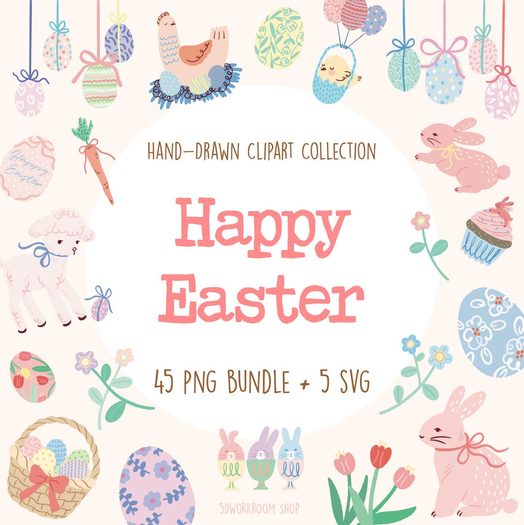 Easter Clipart Bundle | Bunny Egg Clipart | Hand Drawn PNG SVG - Etsy