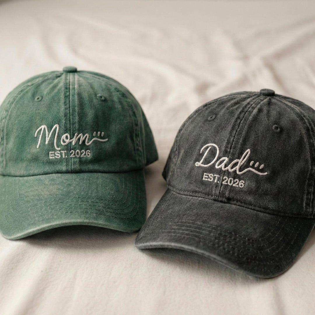Mom Dad Est Year Embroidered Hat Set, Pregnancy Announcement Gift ...