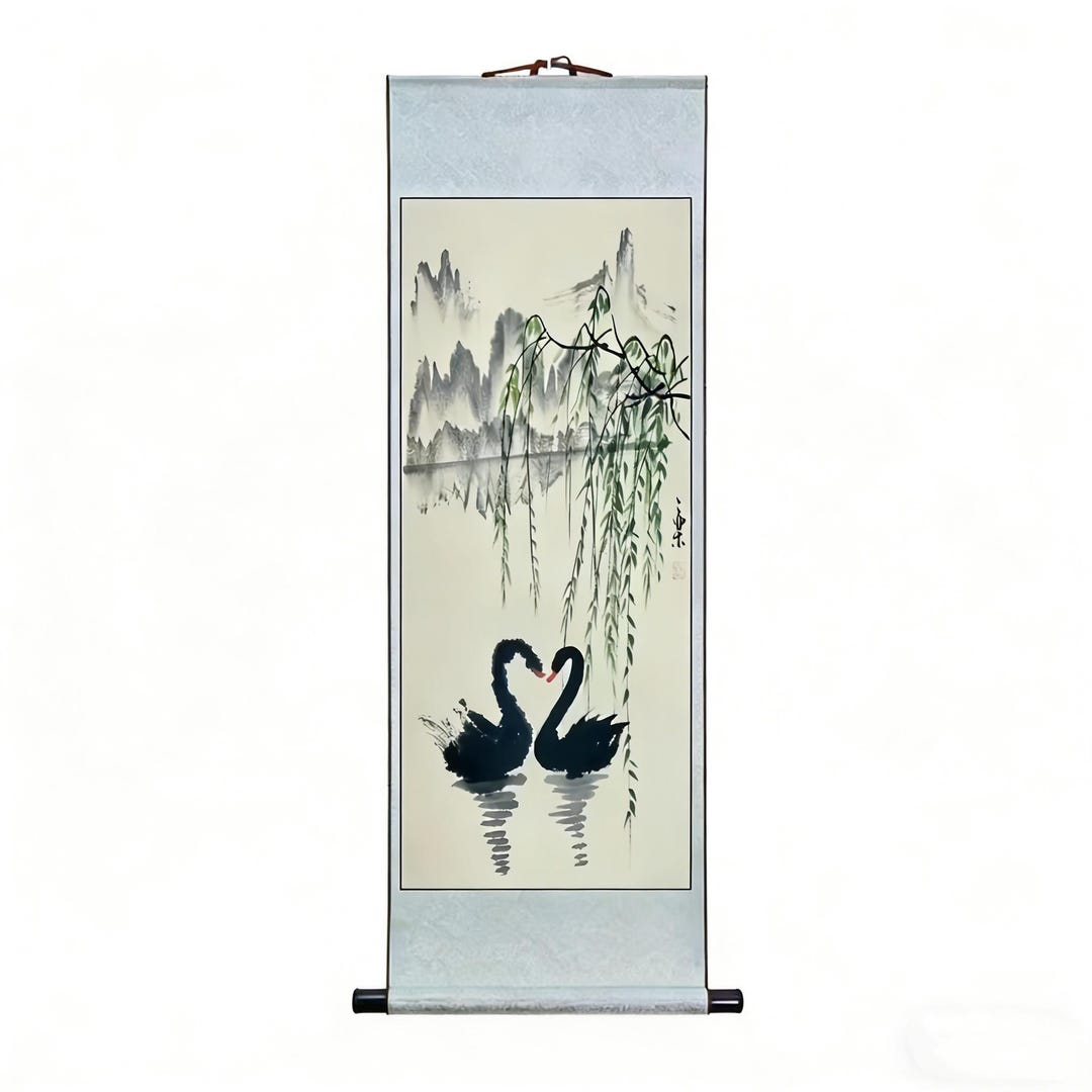 Hand-painted Chinese Ink Wash Black Swan Scroll, Misty Mountain Lake ...