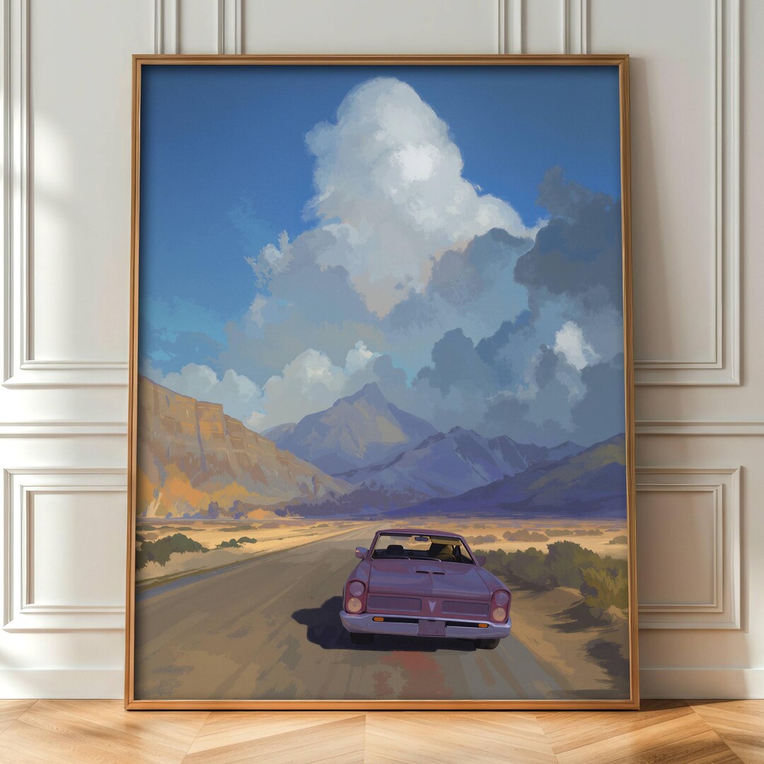 Purple Vintage Convertible Driving on Road, Car Illustration Wall Art ...