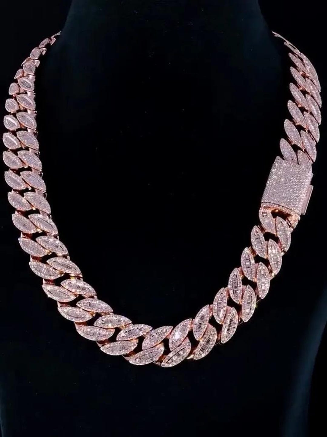18mm Luxury Round & Baguette Diamond Cuban Link Chain, Iced Out Rose ...