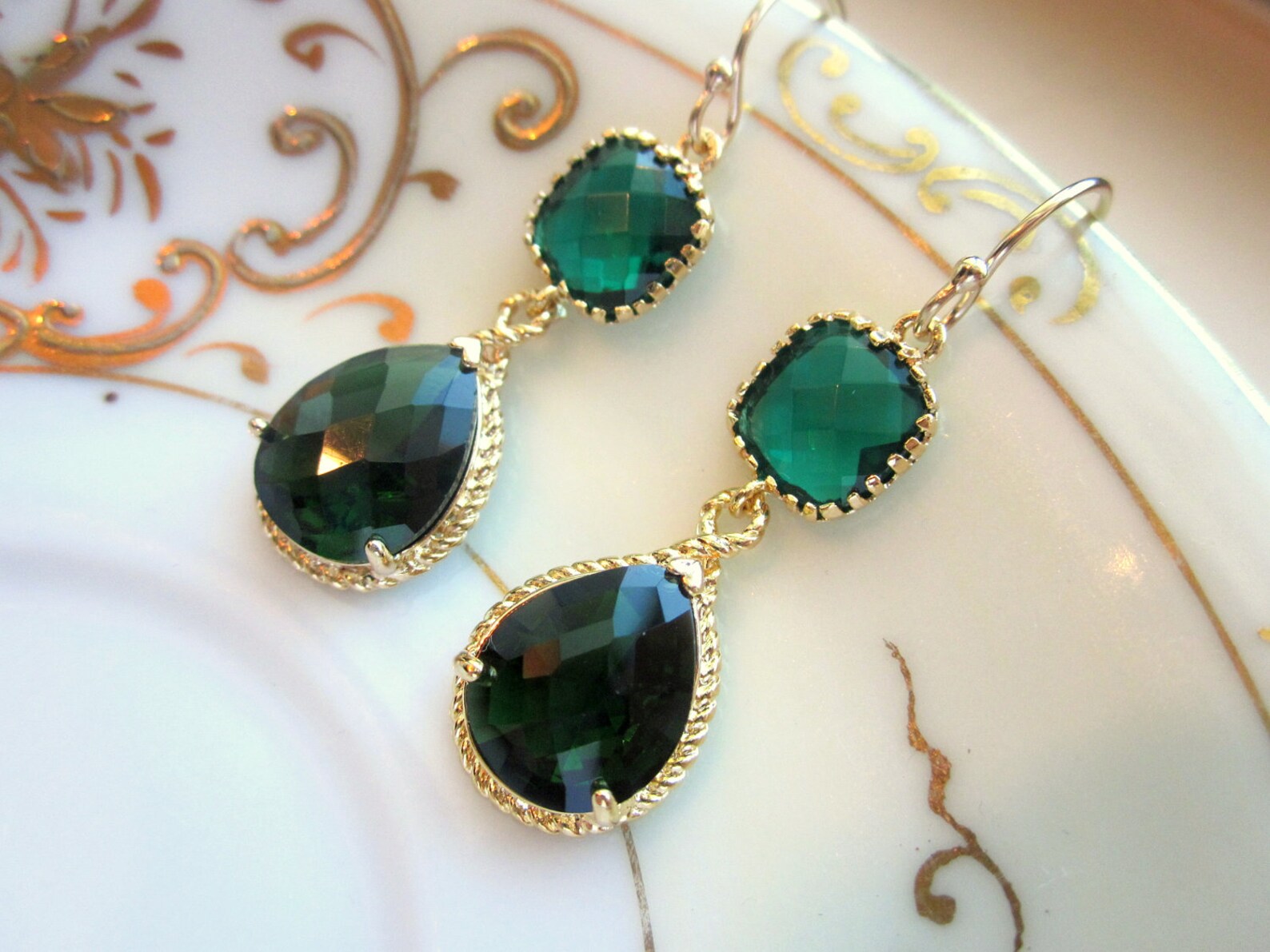 Emerald Green Earrings Gold Pendant Two Tier Bridesmaid - Etsy