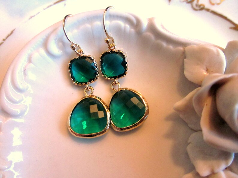 Emerald Green Earrings Gold Two Tier Bridesmaid Earrings - Etsy