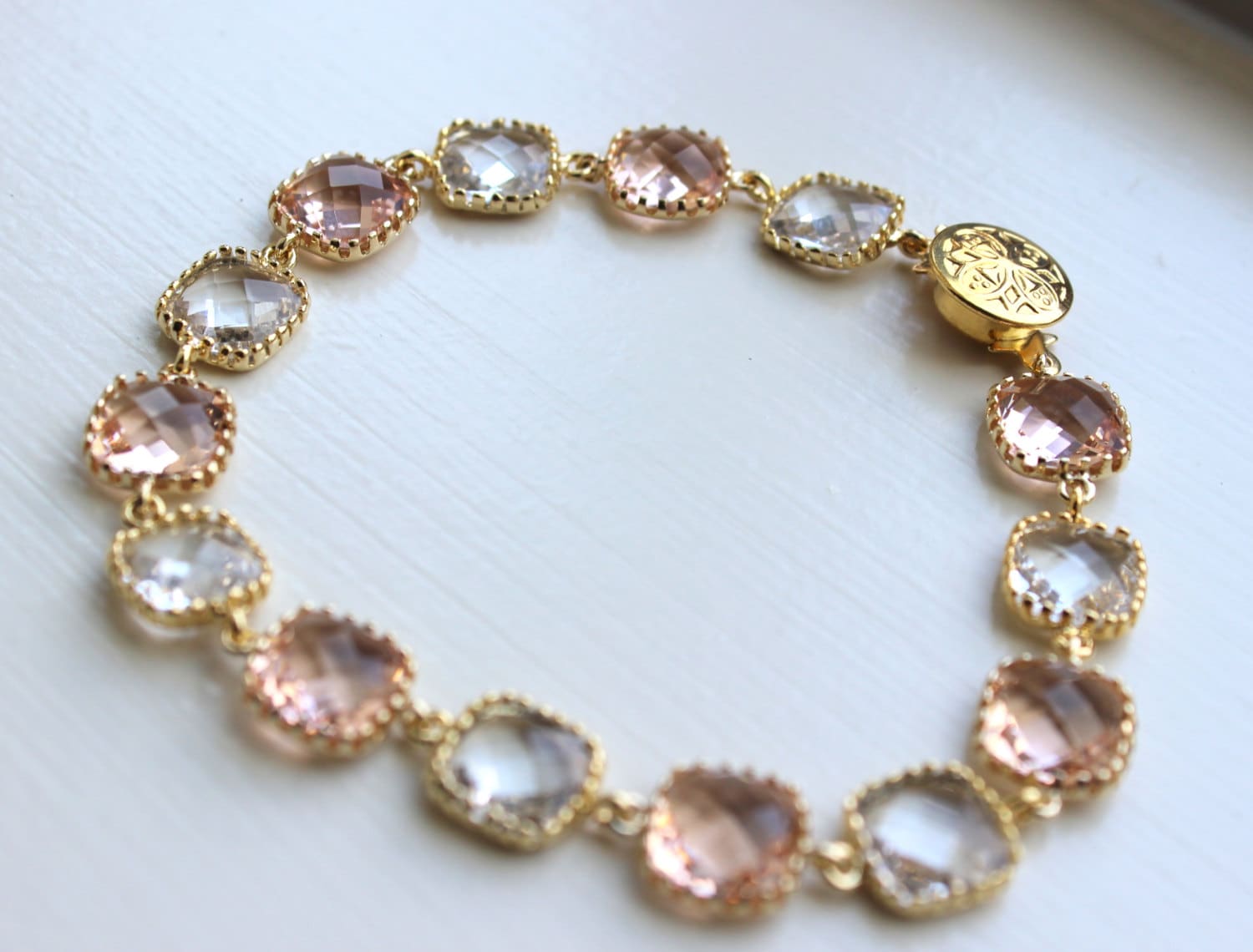 Blush Champagne Crystal Bracelet Gold Plated - Pink Clear Bridesmaid ...