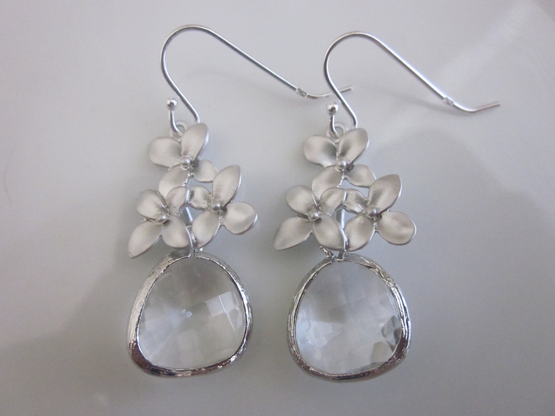 Silver Clear Earrings - Glass Earrings - Flower Earrings - Bridal ...