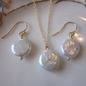 Freshwater White Coin Pearl Jewelry SET - Necklace Earrings - 12mm Coin ...