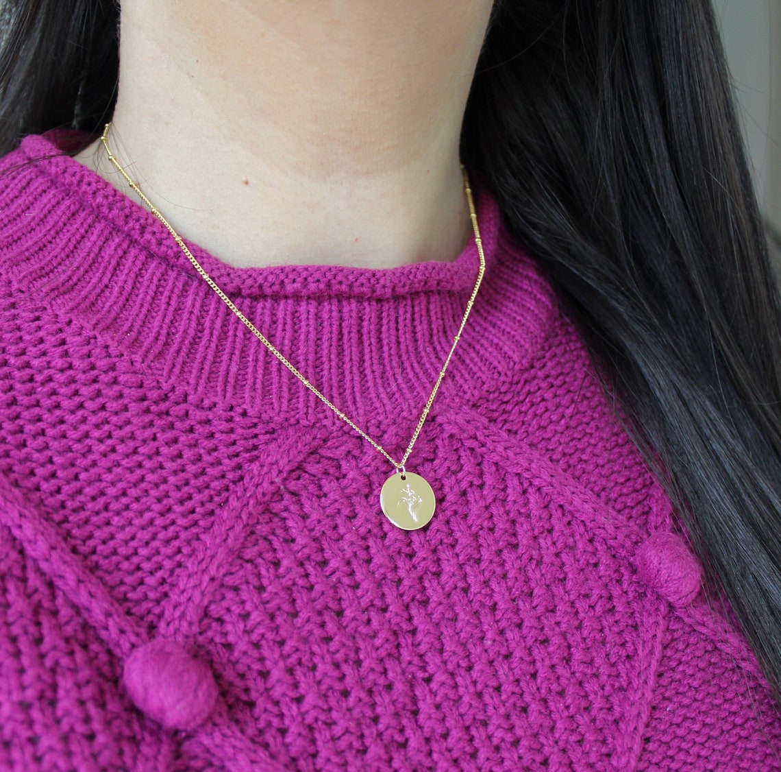 Gold Birth Flower Necklace, Birth Flower Jewelry, Dew Drop Chain, Birth ...