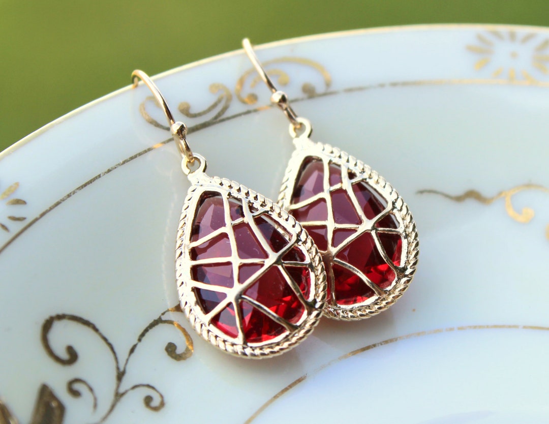 Ruby Earrings Red Gold Twisted Design - Ruby Bridesmaid Earrings ...