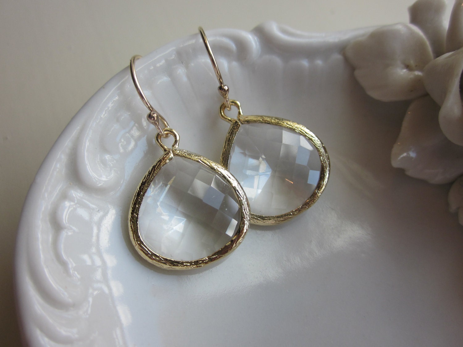 Large Crystal Earrings Gold Plated Pendant - Wedding Jewelry - Bridal ...