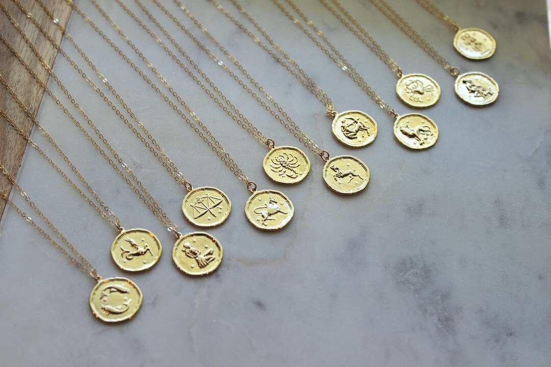 Gold Zodiac Necklace, Zodiac Coin Necklace, Zodiac Disc Necklace, Gold ...