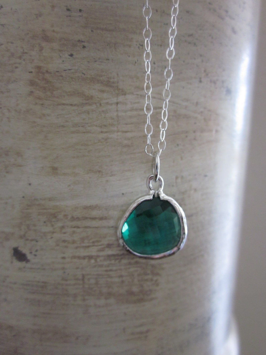 Emerald Green Glass Pendant Necklace on Sterling Silver Chain - Silver ...