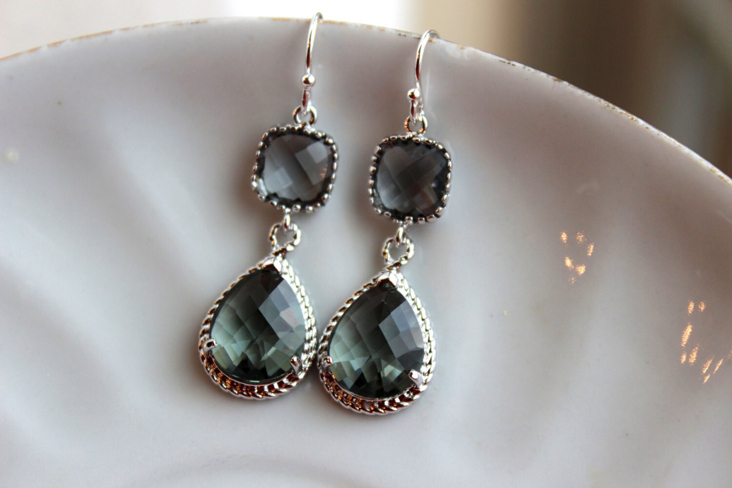 Charcoal Gray Earrings Silver Earrings Teardrop Glass Two Tier - Pewter ...