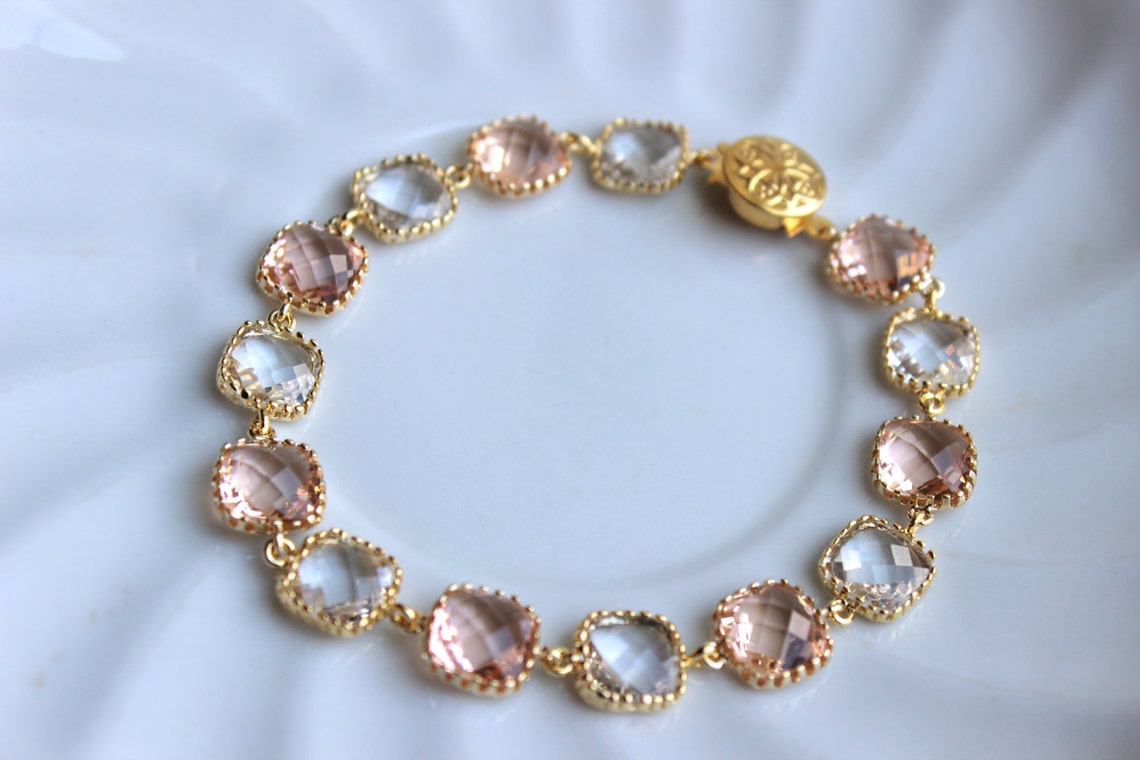 Blush Champagne Crystal Bracelet Gold Plated - Pink Clear Bridesmaid ...