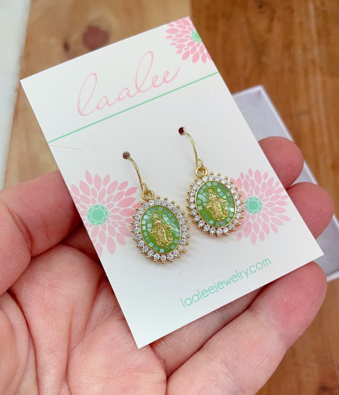 Green Religious Earrings, Virgin Mary Earrings, Cubic Zirconia, Gift ...