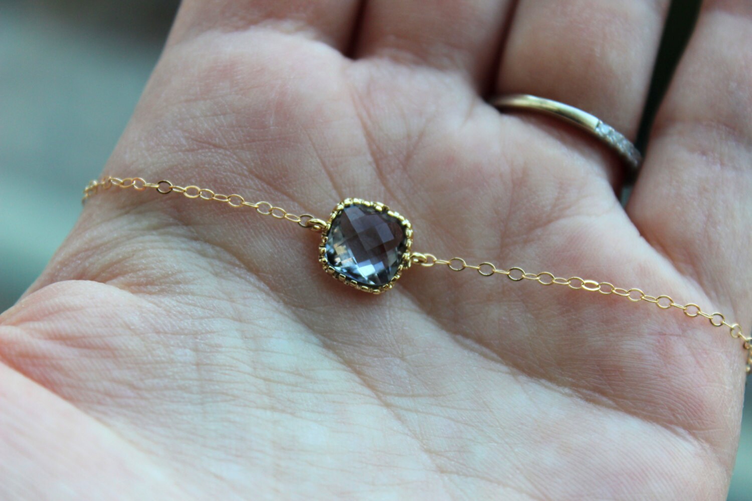 Dainty Charcoal Gray Necklace Gold Filled Chain Charm | Etsy