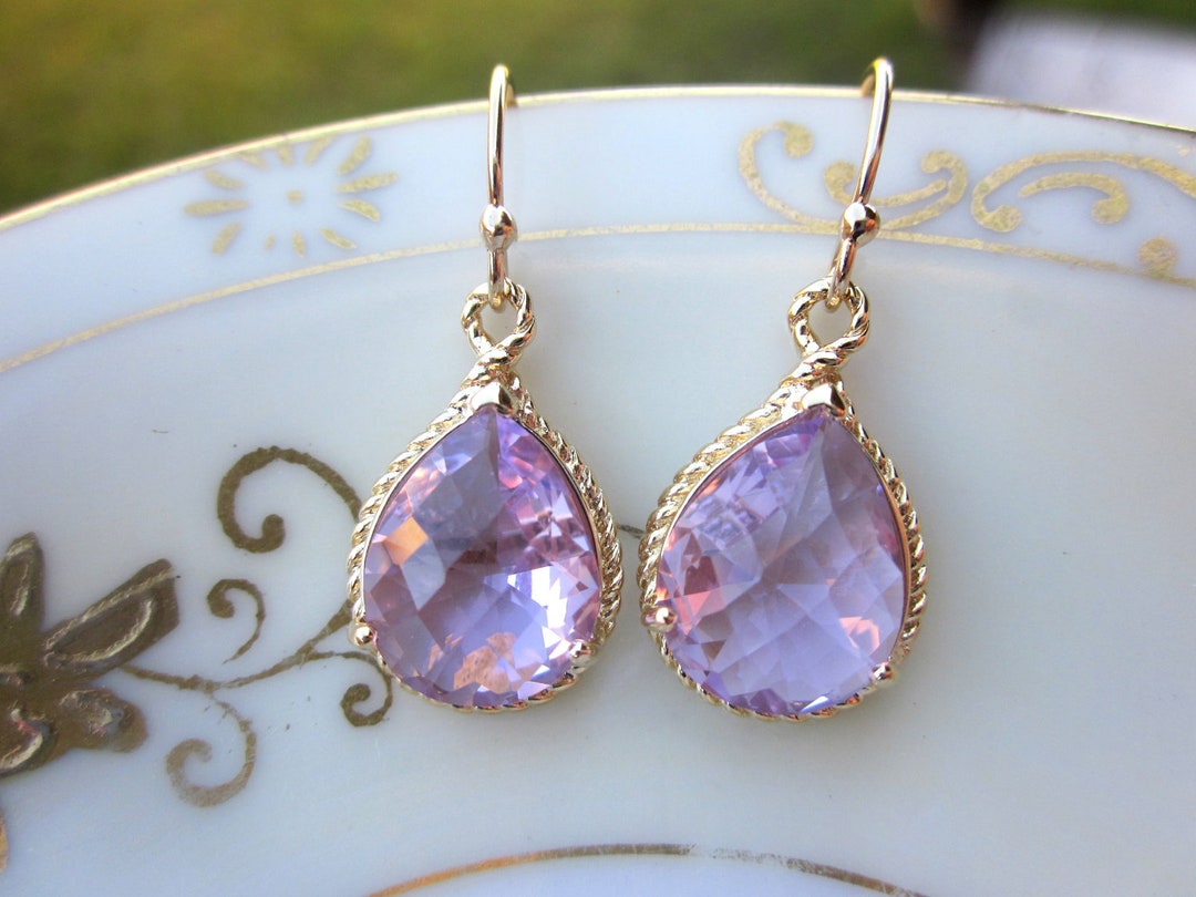 Lavender Earrings Purple Gold Teardrop Pendant - Bridesmaid Earrings ...