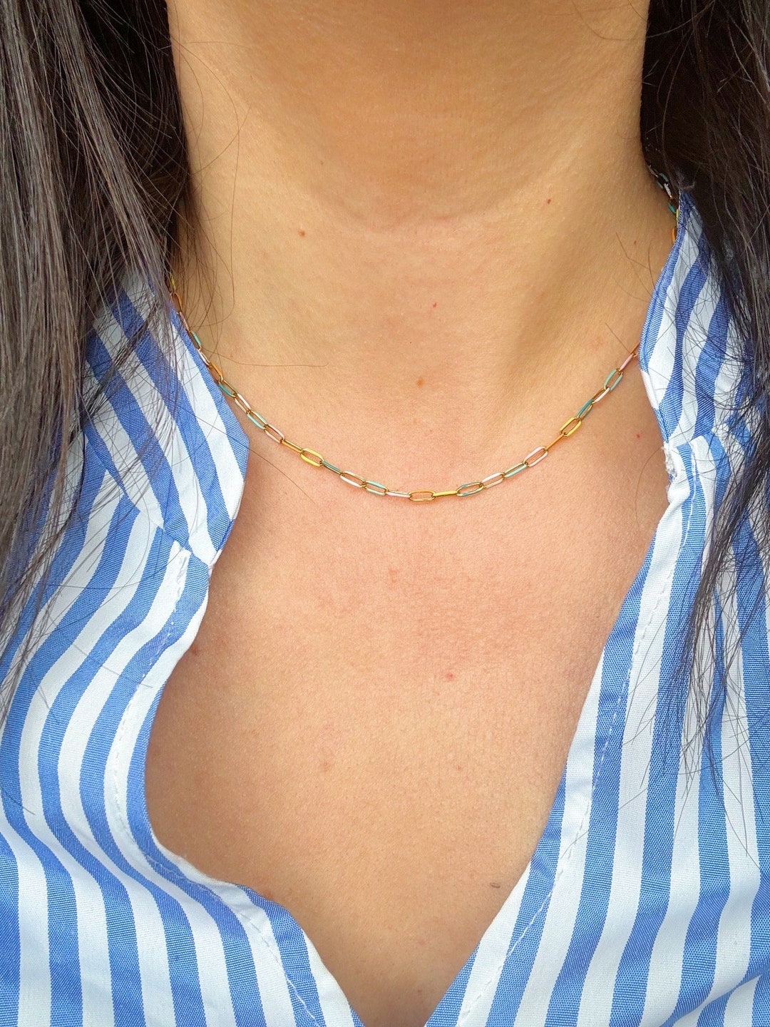 Colorful Paperclip Chain Necklace, Simple Statement Necklace, Dainty Statement Jewelry, Summer ...