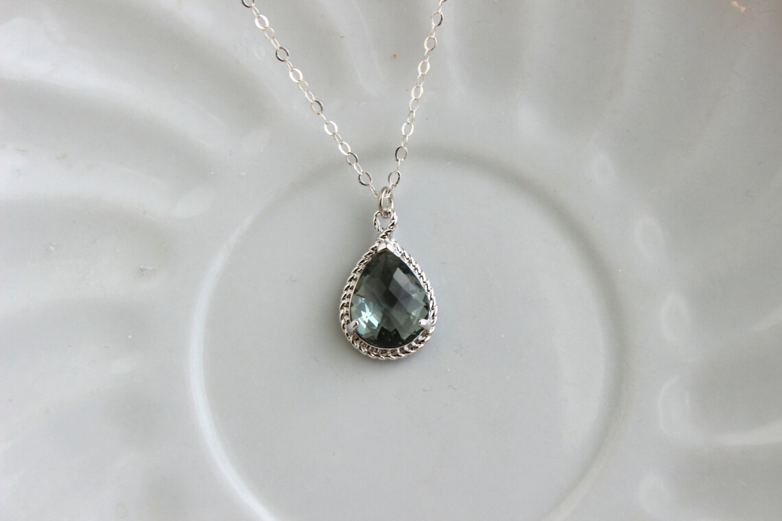 Charcoal Gray Necklace Silver Teardrop Grey Jewelry Sterling - Etsy
