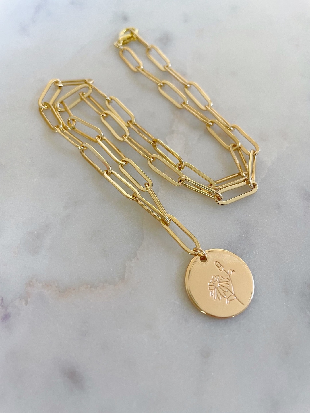 Gold Birth Flower Necklace, Paperclip Chain Necklace, Birth Flower ...