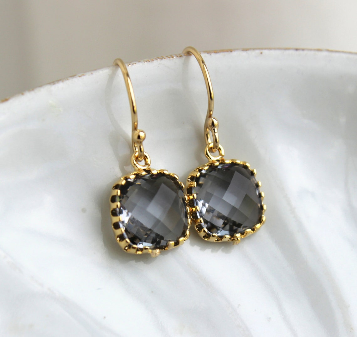 Dainty Charcoal Gray Earrings Gold Plated - Small Grey Bridesmaid ...