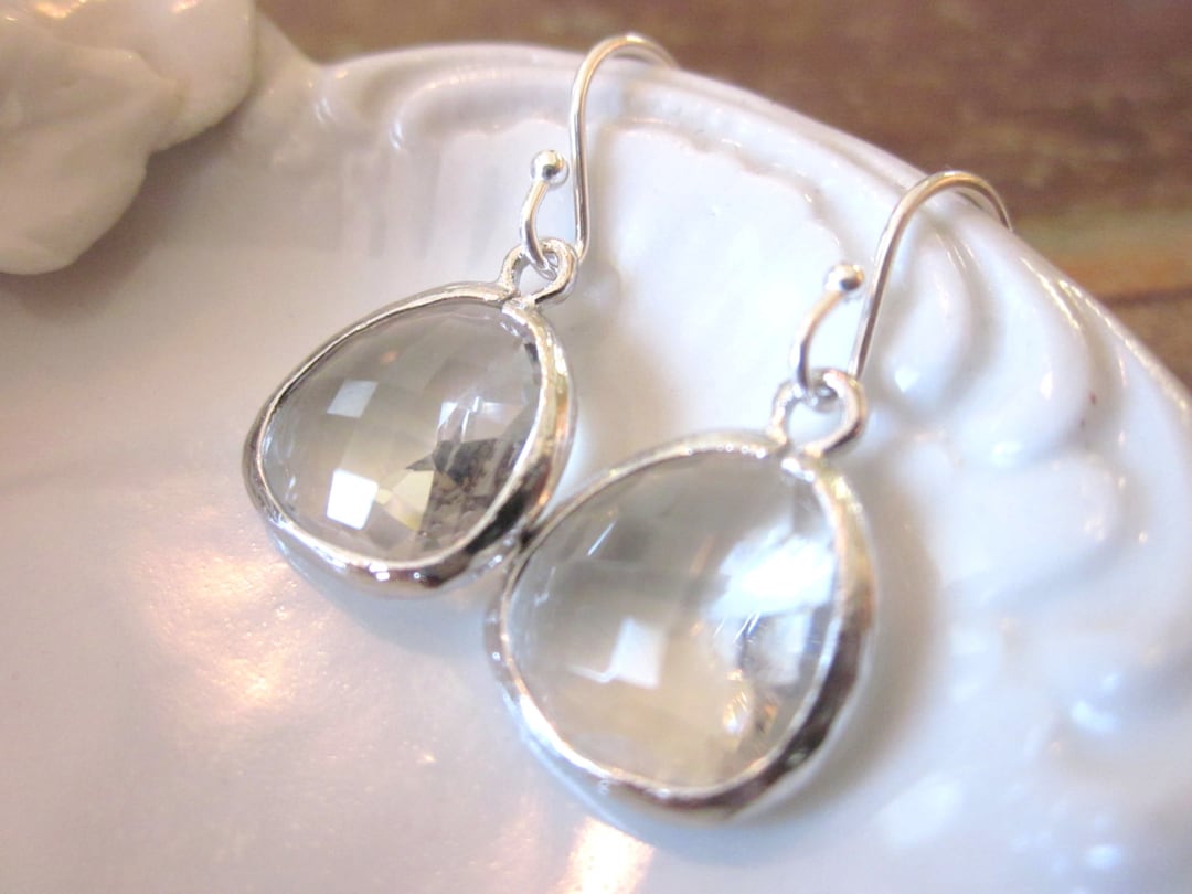 Silver Clear Crystal Earrings - Sterling Silver Earwires - Bridesmaid ...